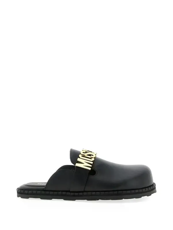 Moschino Metal-lettering Leather Mules - Black
