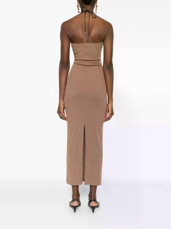 brown bandeau midi dress ARRANGE velvet rouleau embroidered bandeau midi dress in brown