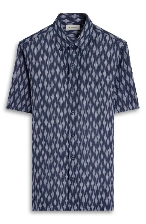 Bugatchi Vero Shaped Fit Geometric Print Short Sleeve Button-up Shirt - Navy