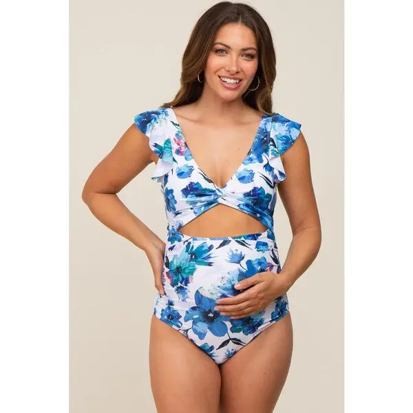 PINKBLUSH Floral Cutout Flutter One Piece Swimsuit - Blue