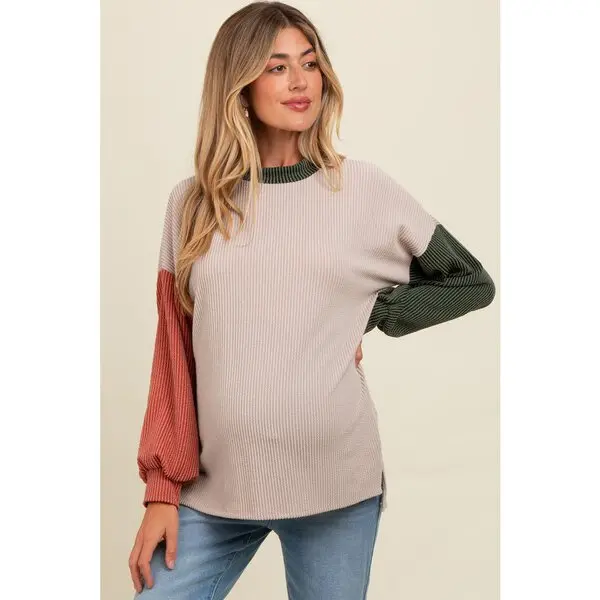 PINKBLUSH Ribbed Colorblock Maternity Top - Taupe