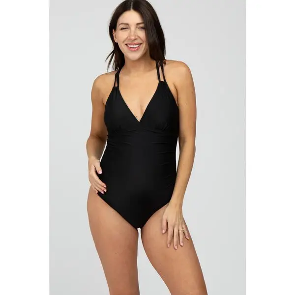 PINKBLUSH Ruched Side Strappy Cross Back One Piece Swimsuit - Black