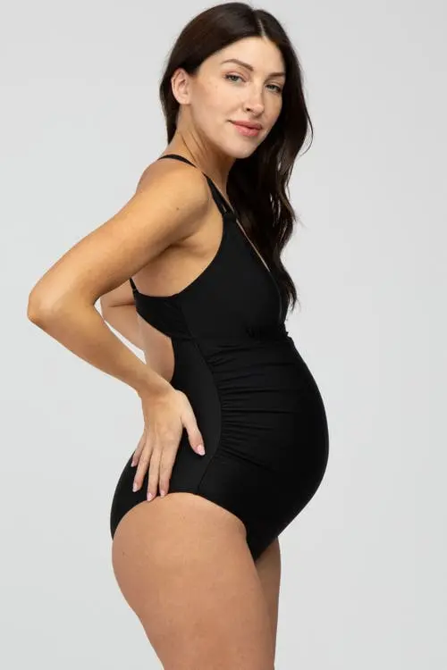 PINKBLUSH Ruched Side Strappy Cross Back One Piece Swimsuit - Black