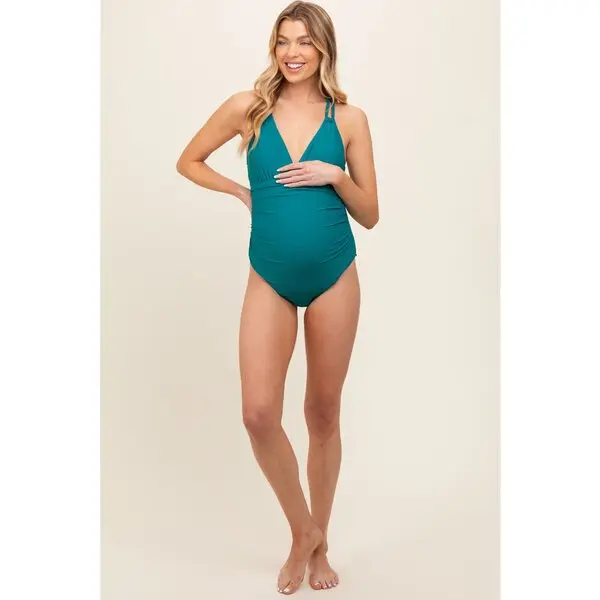 PINKBLUSH Ruched Side Strappy Cross Back One Piece Swimsuit - Turquoise