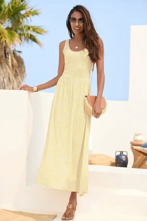 LASCANA Printed Scoop Neck Maxi Dress - Yellow