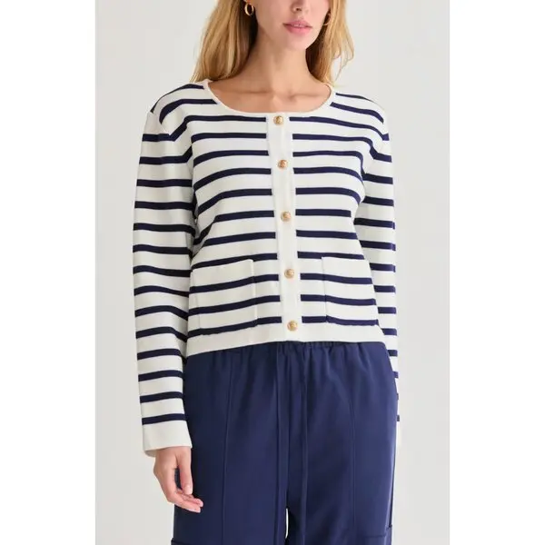 CRESCENT Striped Jacquard Knit Cardigan - Ivory/navy