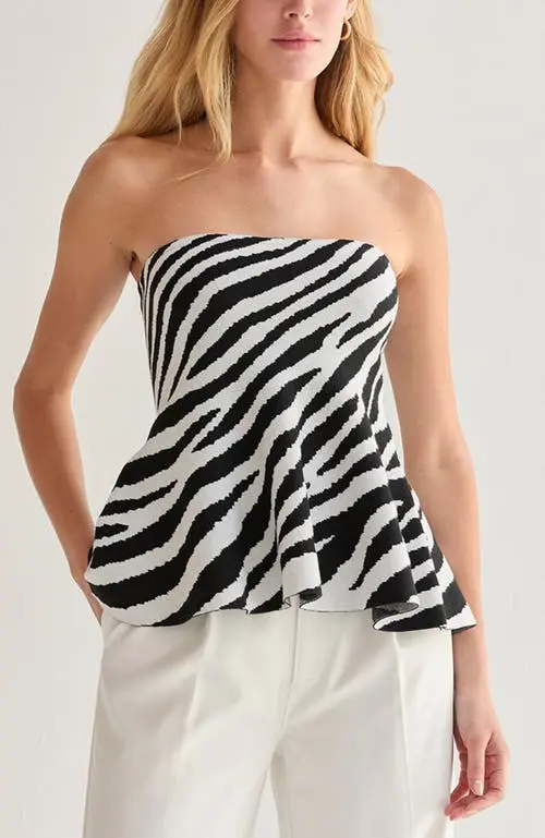 CRESCENT Zebra Print Jacquard Knit Peplum Top - White/black