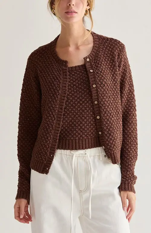 CRESCENT Basket Weave Knit Cardigan Tank Two Piece Set - Brown