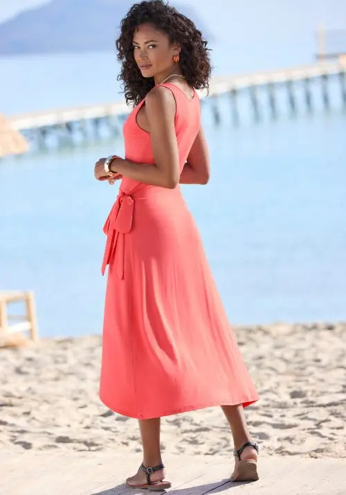 LASCANA Sleeveless Wrap Look Midi Dress - Coral
