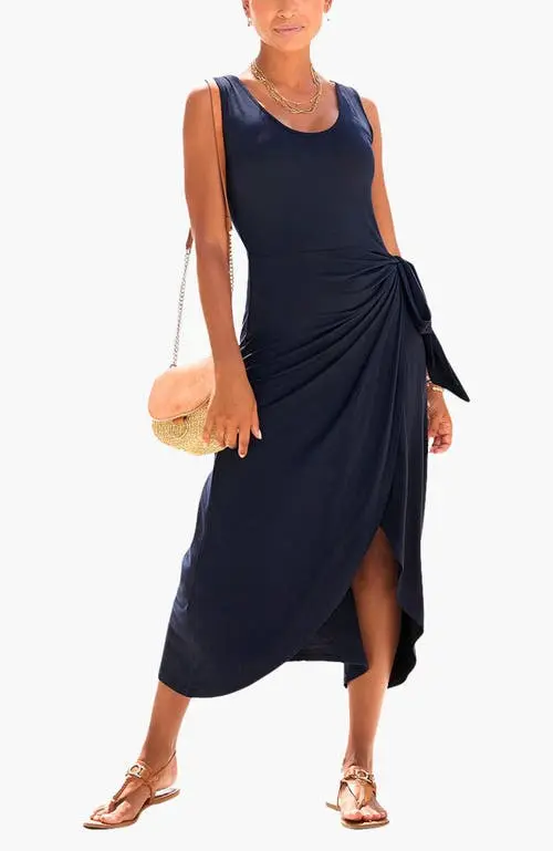 LASCANA Sleeveless Wrap Look Midi Dress - Navy