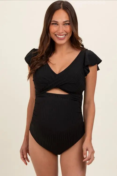 PINKBLUSH Ribbed Ruched Cutout Flutter One Piece Maternity Swimsuit - Black