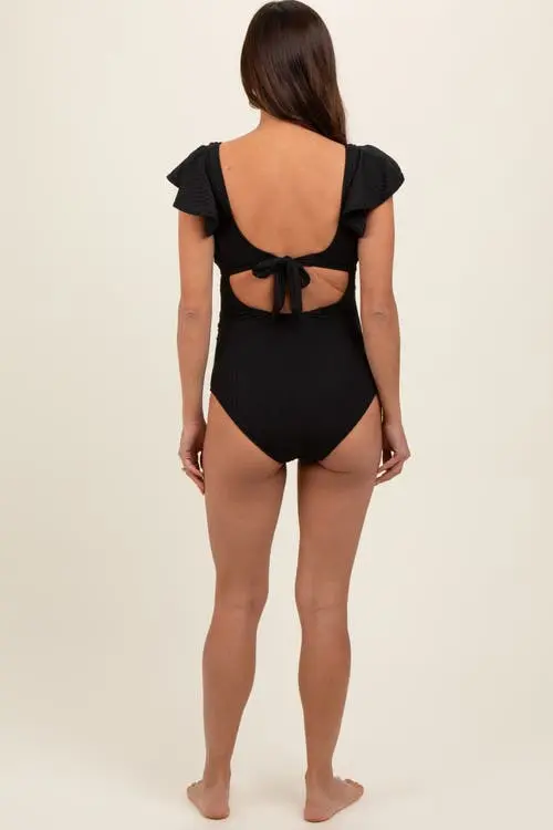 PINKBLUSH Ribbed Ruched Cutout Flutter One Piece Maternity Swimsuit - Black