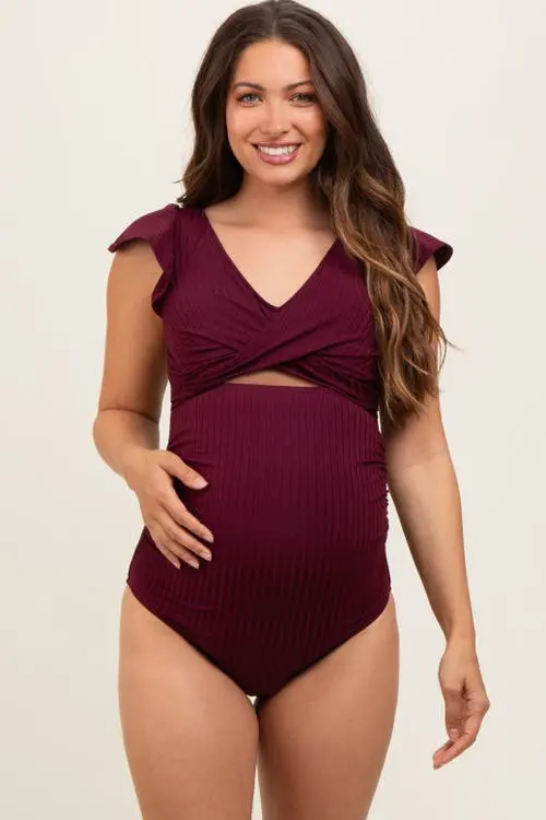 PINKBLUSH Ribbed Ruched Cutout Flutter One Piece Maternity Swimsuit - Plum