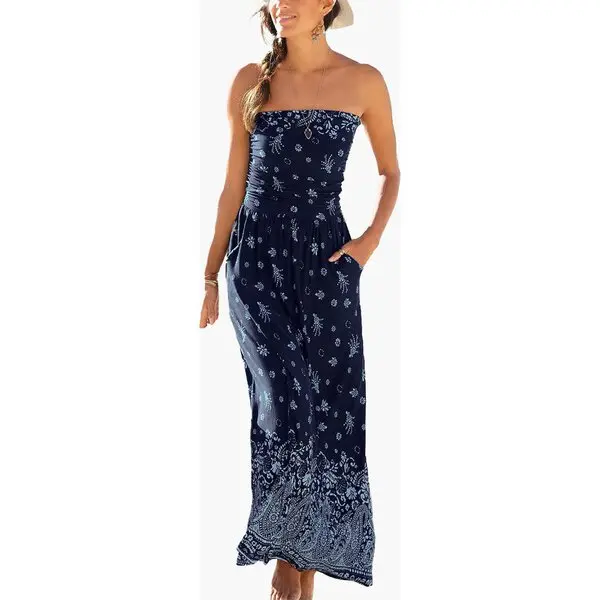 LASCANA Bandeau Maxi Dress With Elaborate Border Print - Navy Printed