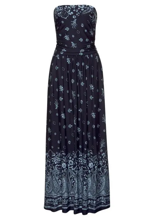 LASCANA Bandeau Maxi Dress With Elaborate Border Print - Navy Printed