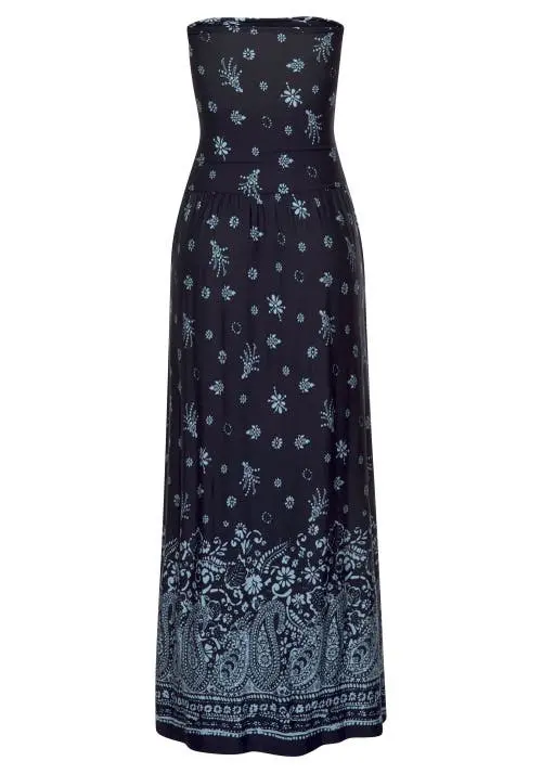 LASCANA Bandeau Maxi Dress With Elaborate Border Print - Navy Printed