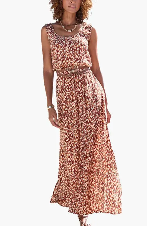 LASCANA Sleeveless Printed Maxi Dress With Elastic Waistband - Brown Ivory