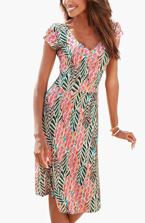 LASCANA Ruched V-neck Jersey Knit Dress - Multi Print