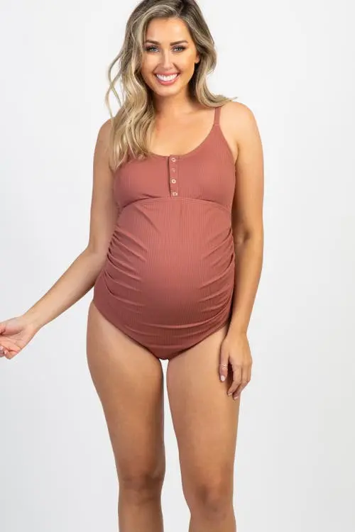 PINKBLUSH Ribbed Snap Front One-piece Maternity Swimsuit