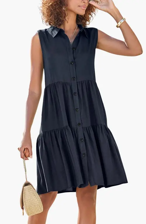 LASCANA Sleeveless Tiered Shirt Dress - Navy