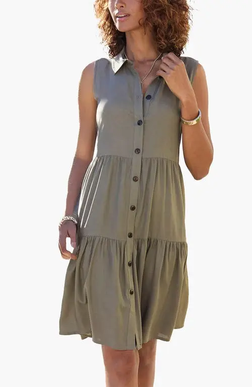 LASCANA Sleeveless Tiered Shirt Dress - Olive