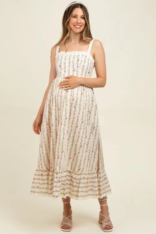 PINKBLUSH Floral Textured Cotton Lace Trim Maxi Dress - Cream
