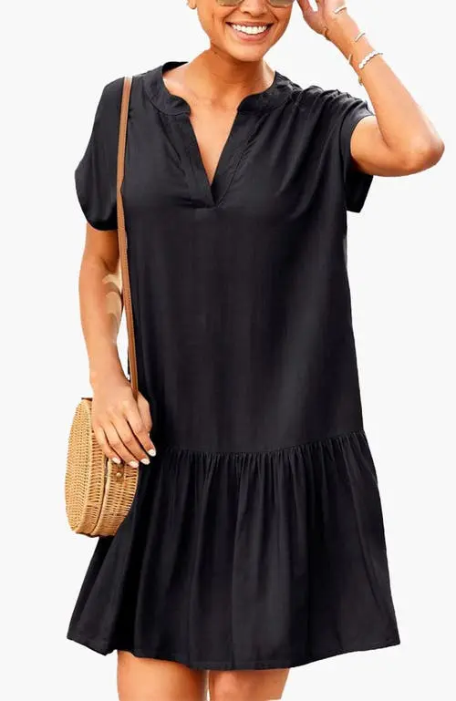 LASCANA Notch Neck Flounce Hem Shift Dress - Black