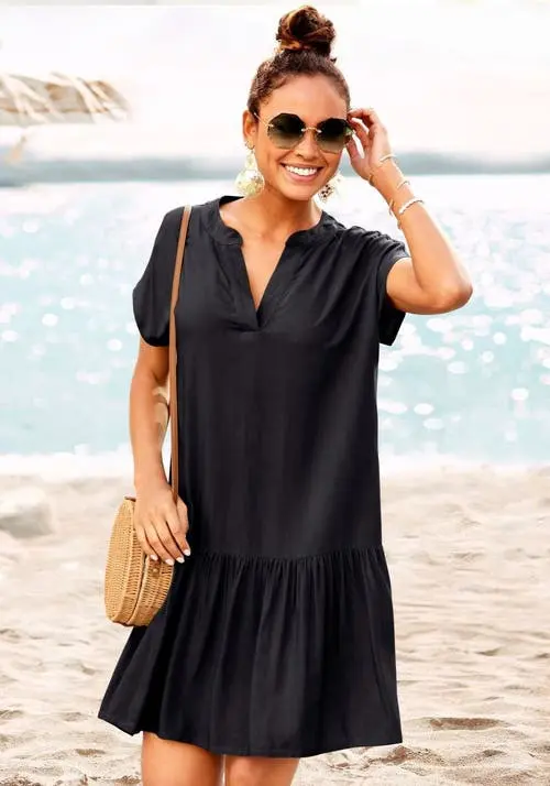 LASCANA Notch Neck Flounce Hem Shift Dress - Black