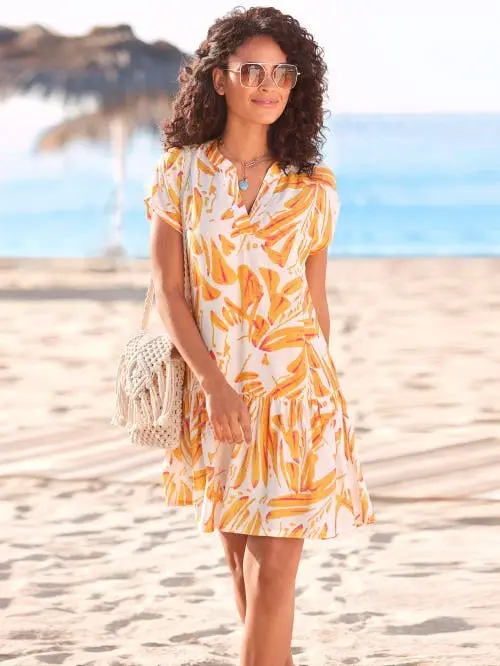 LASCANA Flounce Hem Shift Dress - Sand Multi