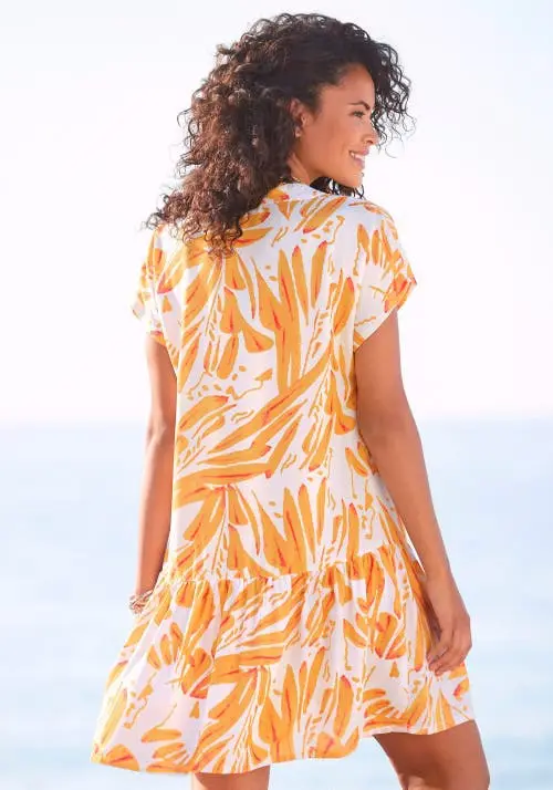 LASCANA Flounce Hem Shift Dress - Sand Multi