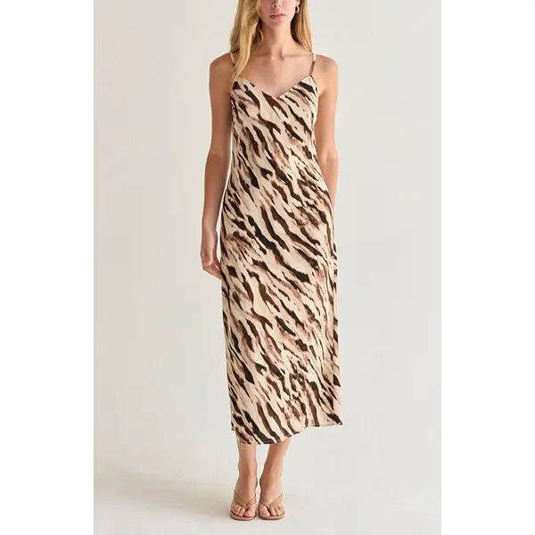 CRESCENT Abstract Animal Print Midi Slip Dress - Brown