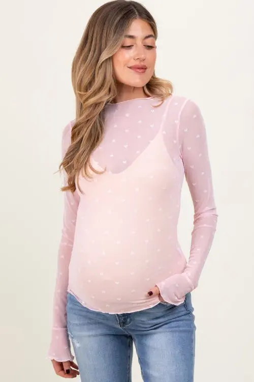 PINKBLUSH Mesh Heart High Neck Long Sleeve Top - Light Pink