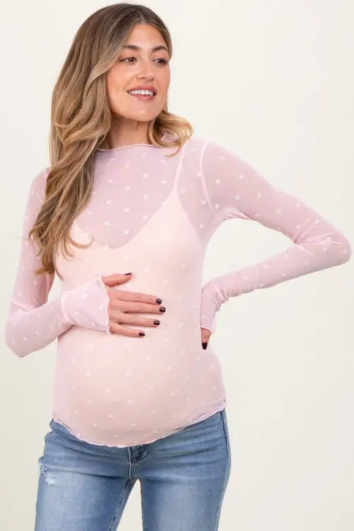 PINKBLUSH Mesh Heart High Neck Long Sleeve Top - Light Pink