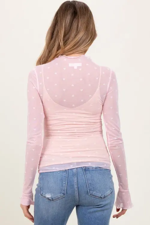 PINKBLUSH Mesh Heart High Neck Long Sleeve Top - Light Pink
