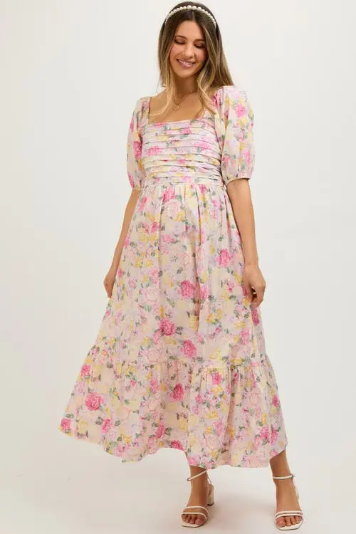 PINKBLUSH Floral Pleated Puff Sleeve Midi Dress - Lavender