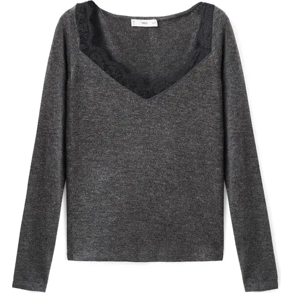 Mango Lace Trim Long Sleeve Top - Medium Heather Grey