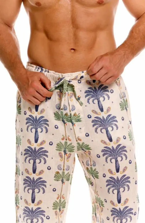 THE LAZY POET Ben Riviera Palms Ecru Linen Pajama Pants