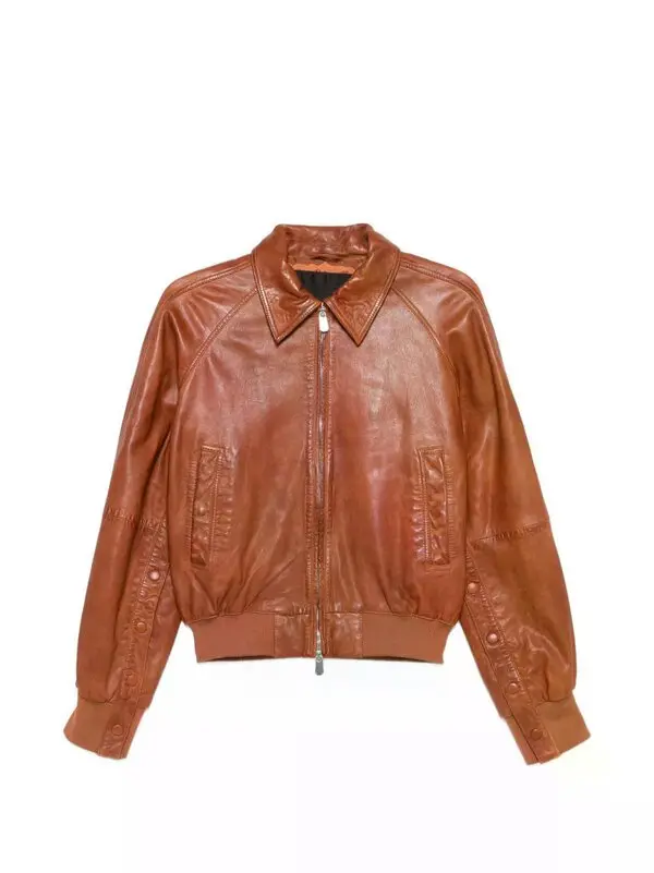 Pinko Distressed Leather Bomber Jacket - Brown