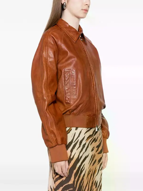 Pinko Distressed Leather Bomber Jacket - Brown
