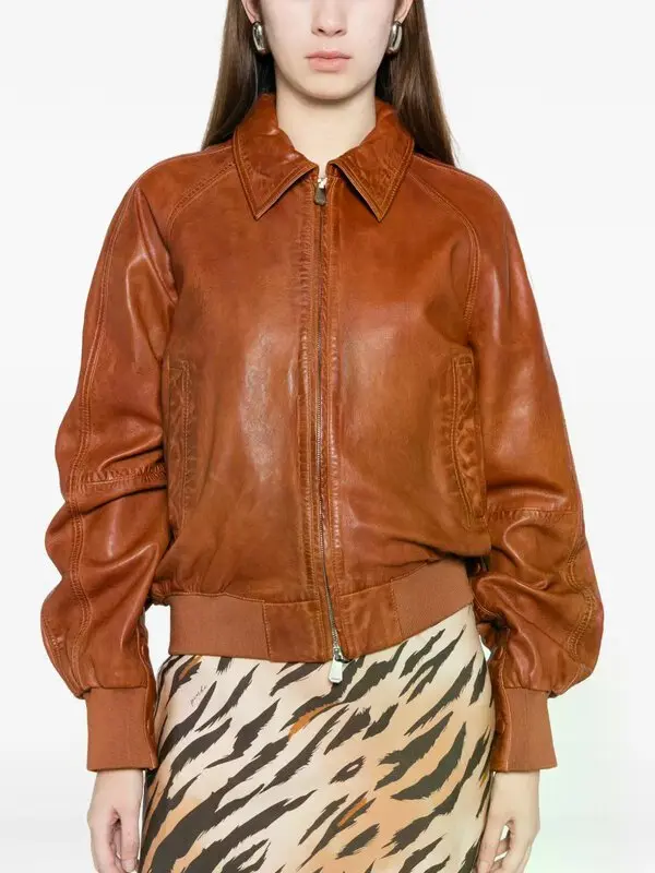 Pinko Distressed Leather Bomber Jacket - Brown