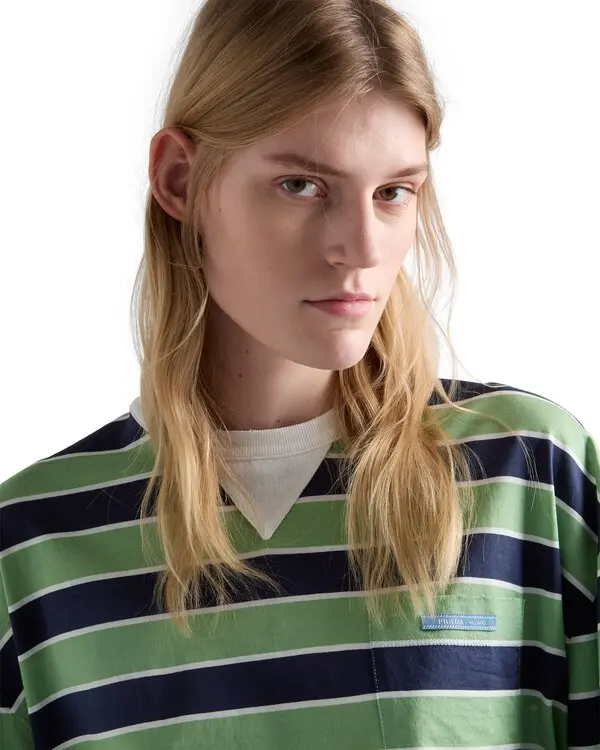Prada Long-sleeved Striped Lisle Cotton T-shirt - Blue
