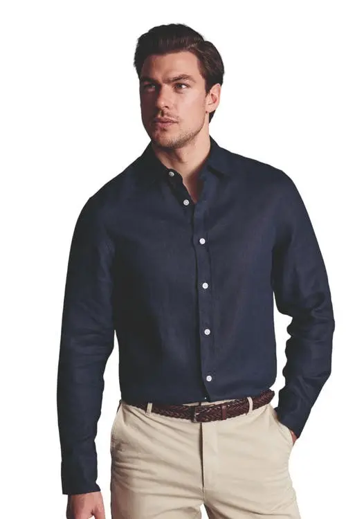 CHARLES TYRWHITT Slim Fit Pure Linen Shirt - Navy