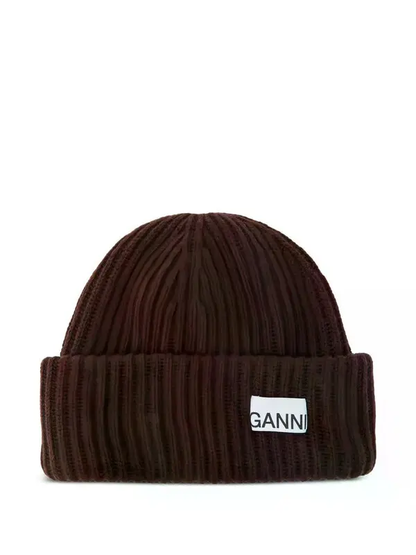 GANNI Ribbed Patch Beanie - Brown