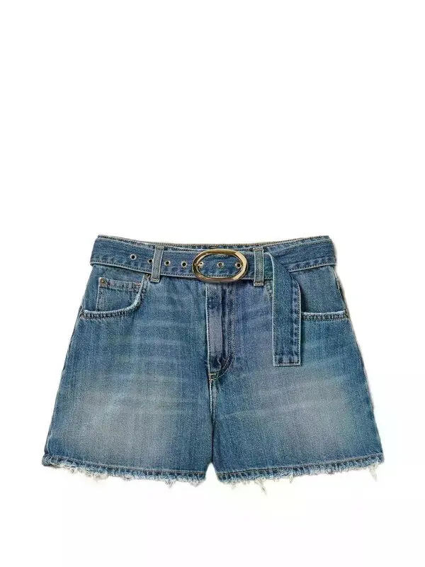 TWINSET Belted Stone Wash Denim Shorts With Fringed Hem - Blue