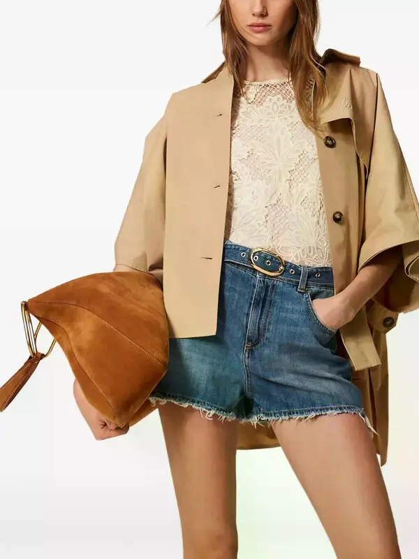 TWINSET Belted Stone Wash Denim Shorts With Fringed Hem - Blue