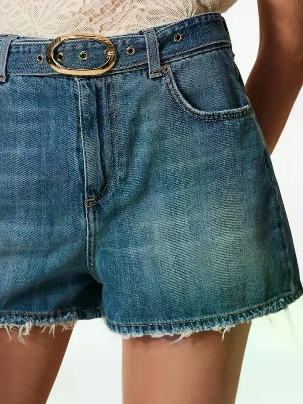 TWINSET Belted Stone Wash Denim Shorts With Fringed Hem - Blue