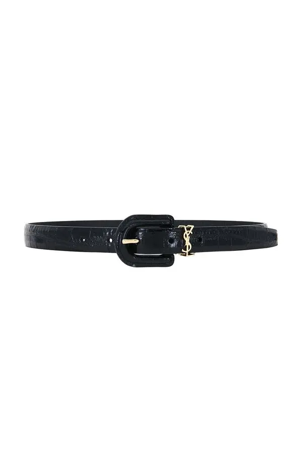 Saint Laurent Croc Embossed Boucle Recouverte Belt - Noir