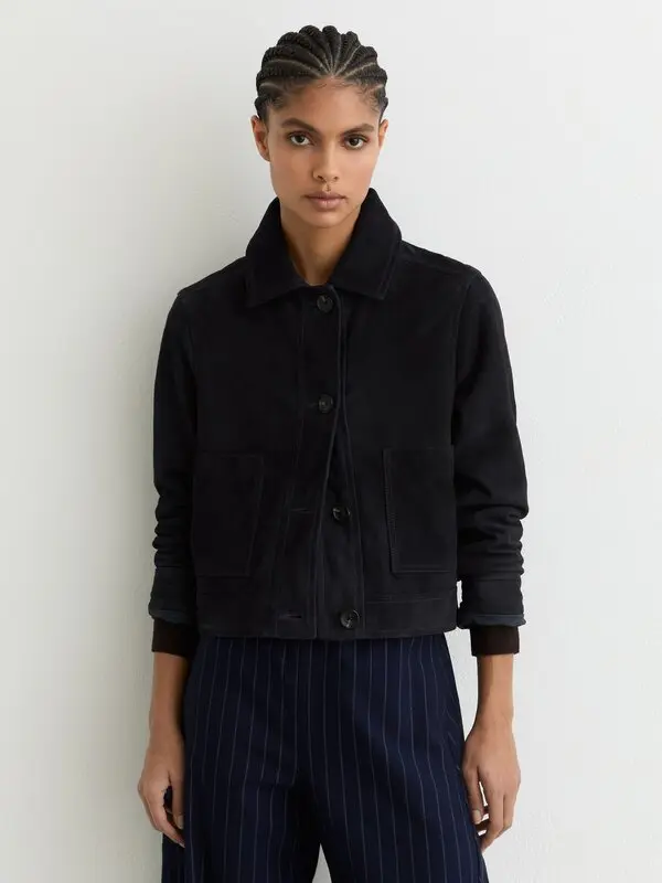 REISS Sonny Suede Cropped Trucker Jacket - Navy