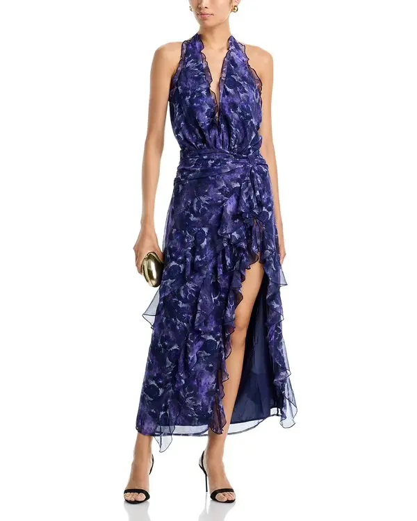 Aqua Floral Ruffle Maxi Dress - Navy