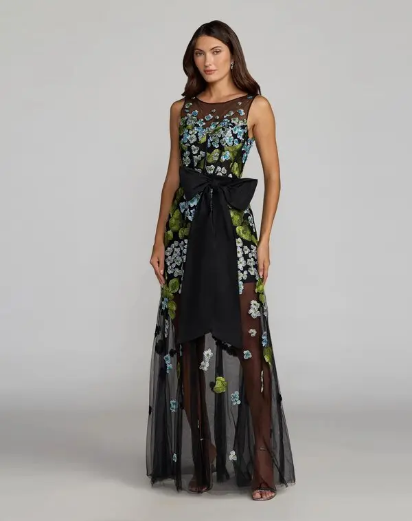 Mac Duggal Floral Embroidered Corset Gown With Bow - Blue Multi